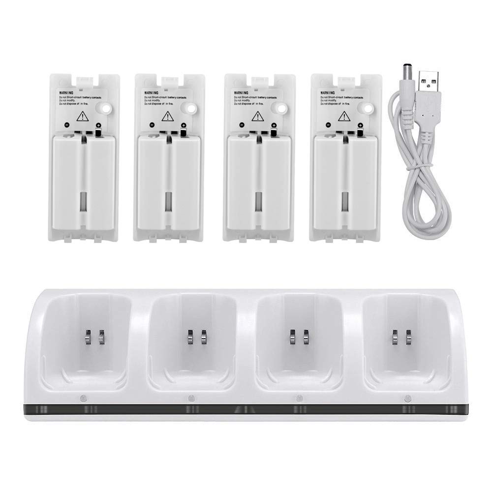 4-in-1 Charging Station for Wii Remote Controller with Rechargeable Batteries and Motion Sensor, Dock, Cable and Adapter - The Ultimate Charger for Nintendo Wii U/Wii(White)