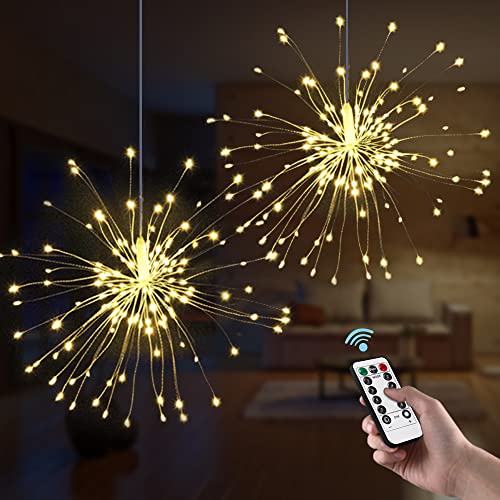 2 Pack Firework Lights Led Copper Starburst Lights , 8 Mode Remote Control String Lights, halloween decorations , Waterproof Starburst Lights, Fairy Lights for Festival, Party, Garden (Warm White)