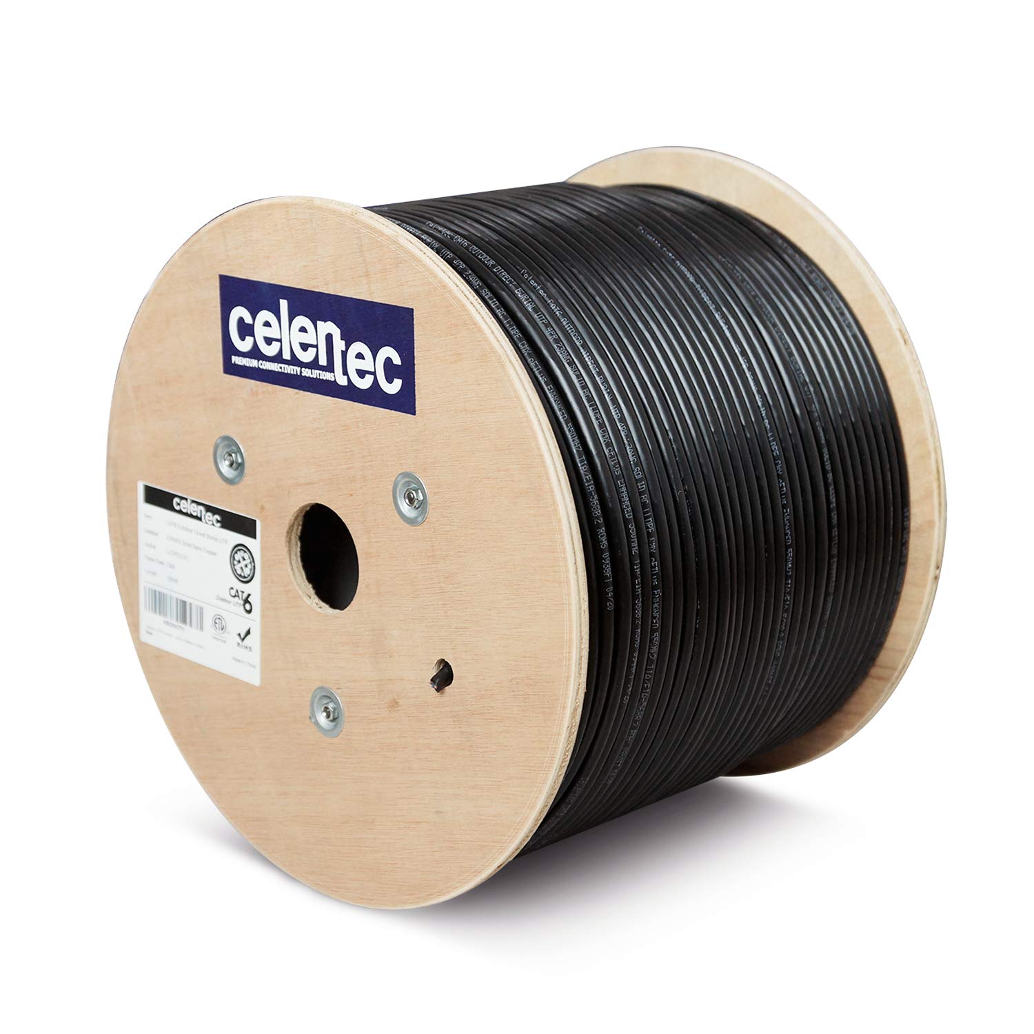 celertec CAT6 Outdoor Cable, 500ft, 23AWG Solid Bare Copper, Unshielded Twisted Pair (UTP), UV Resistant, Weatherproof, CMX, ETL Listed, 550MHz, Bulk Ethernet Cable, Wooden Spool- Black