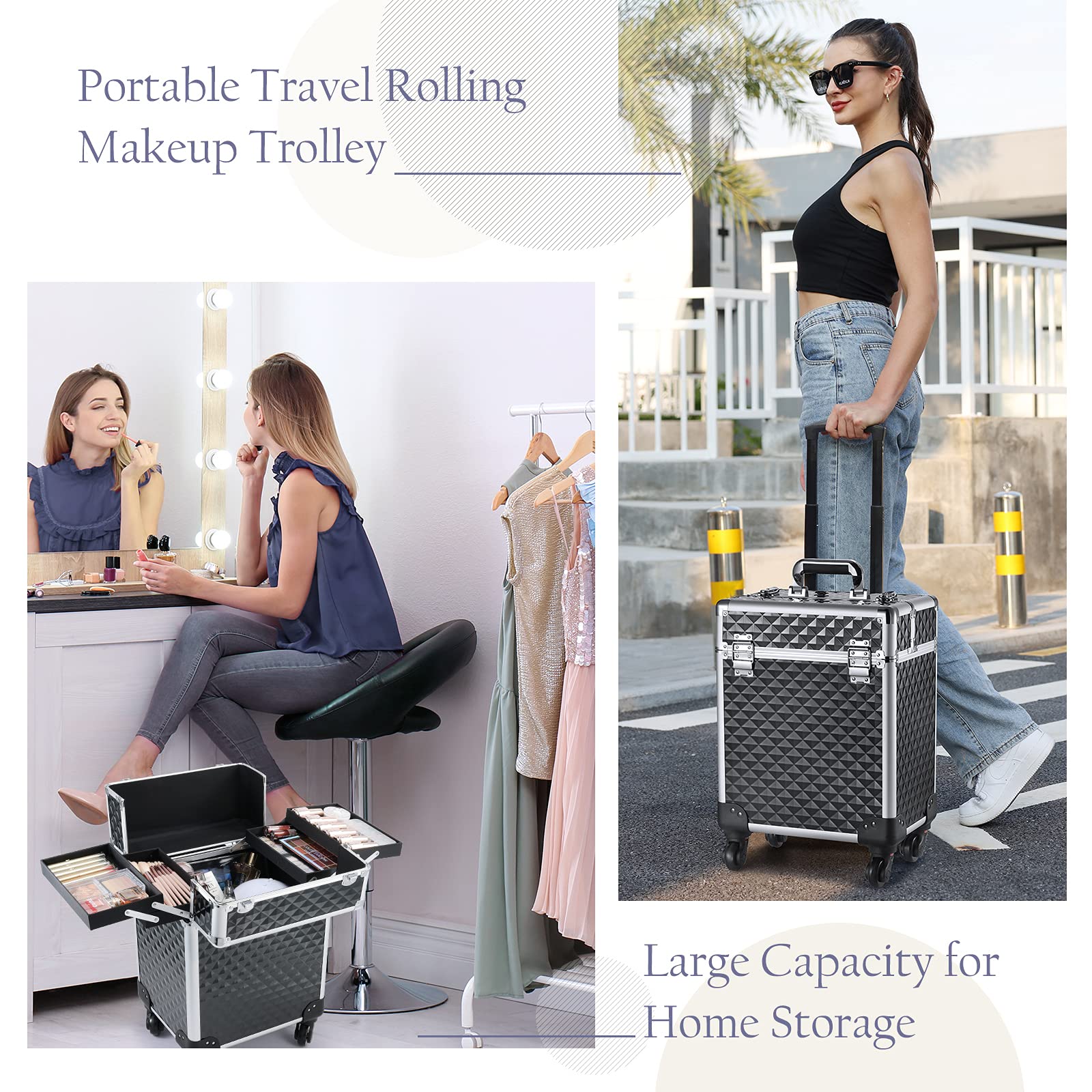 Mecucasi Rolling Makeup Train Case Large Cosmetic Trolley Organized Aluminum Barber Case for Hairstylist Makeup Nail Tech Salon with Keys Swivel Wheels Traveling Cart Trunk - Black