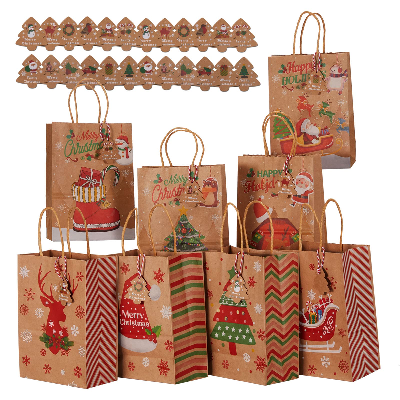 24 Pack Small Christmas Gift Bags with 24Pcs Gift Tags, Reusable 8 Styles Kraft Paper Bags Christmas Bulk with Handles for Xmas Party Presents Favors, Each Holiday Gift Bag Size 8.3*5.9*3.2IN
