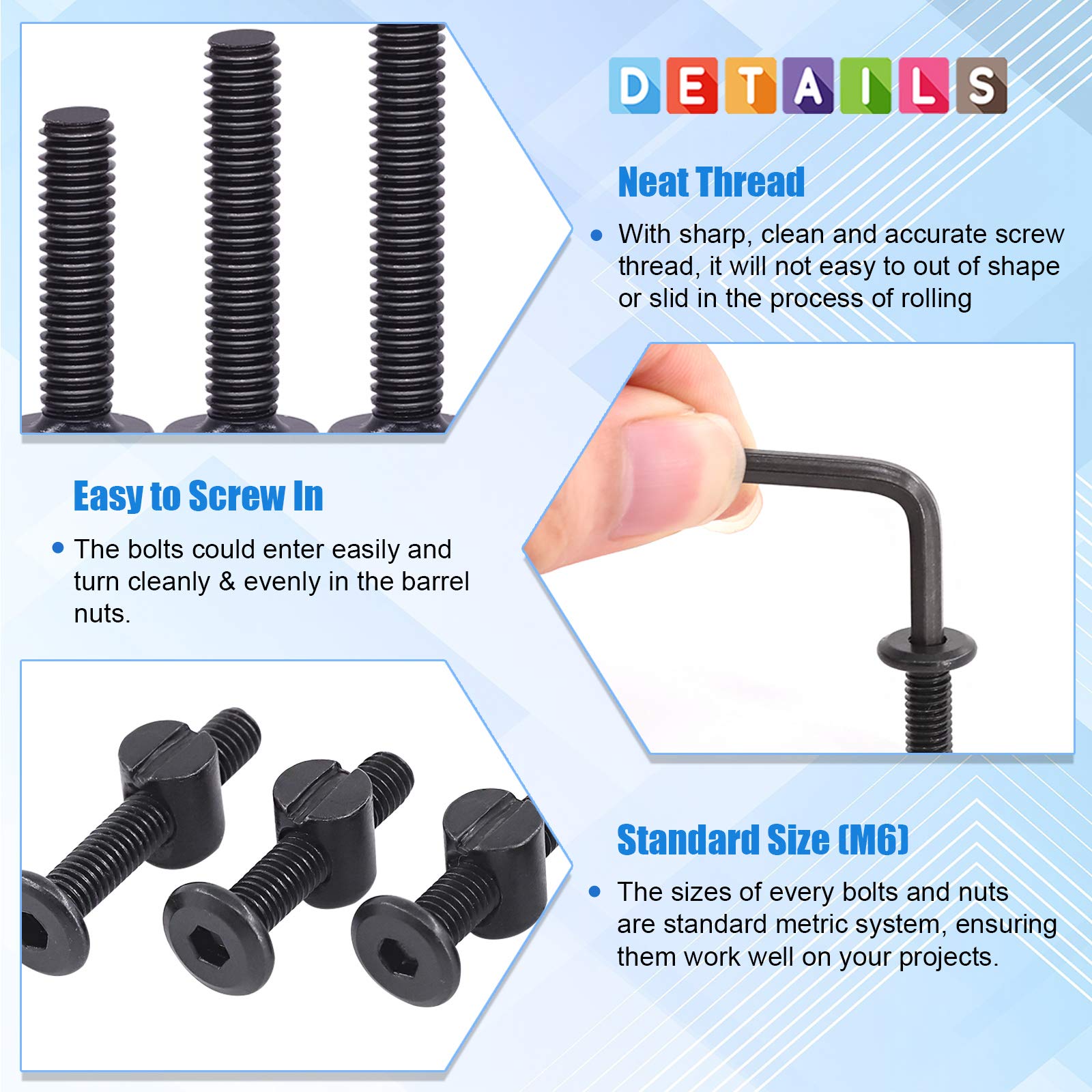 Glarks 141Pcs Baby Bed Crib Screws Hardware Replacement Kit, M6x15/ 25/35/ 45/55/ 65/ 75mm Black Hex Socket Cap Screws and Nuts Assortment Kit for Chair Table Cabinets Furniture