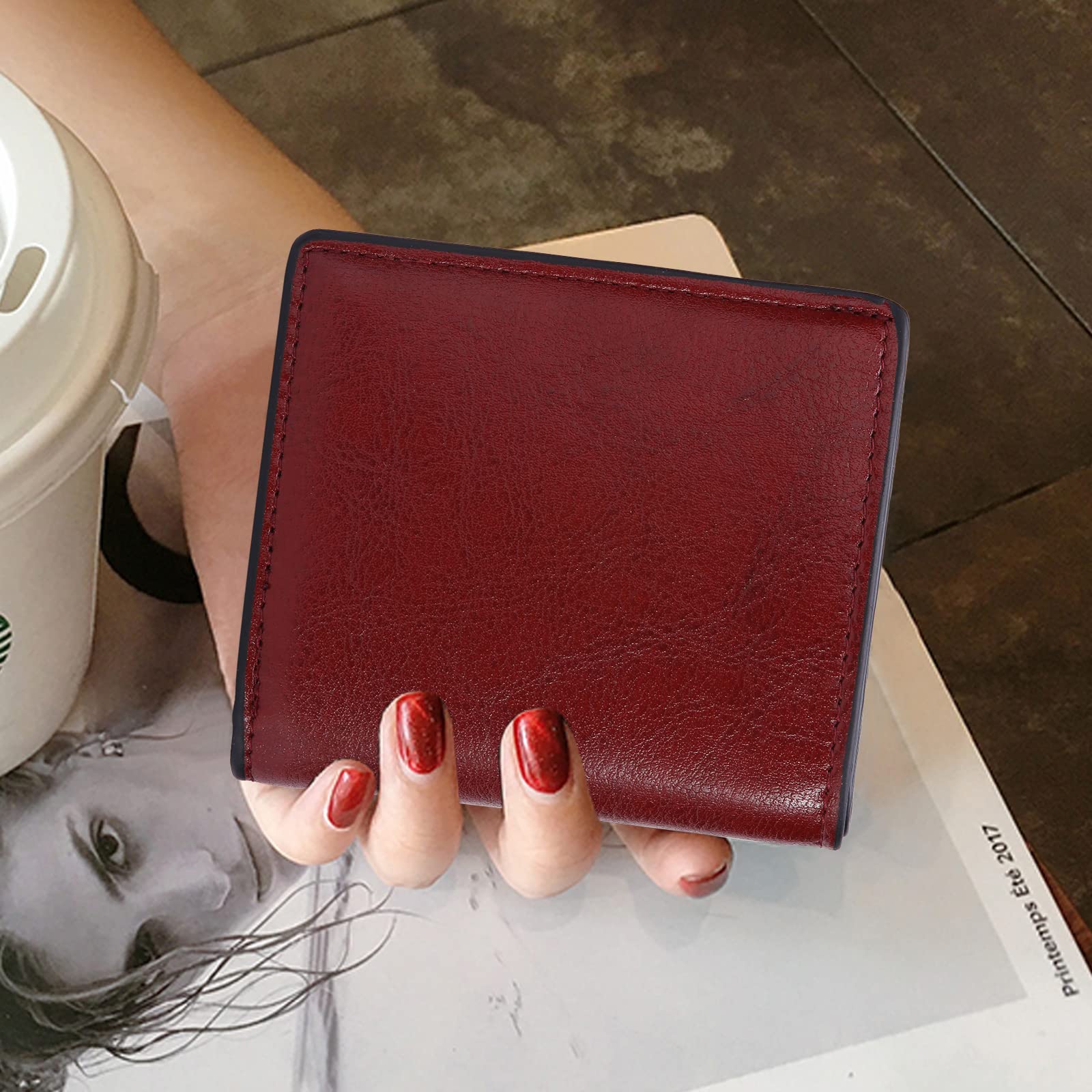 AGBIADD Women's RFID Small Compact Bifold Pocket Wallet Card Holder Organizer Pocket Ladies Mini Purse with id Window (Wax wine red)