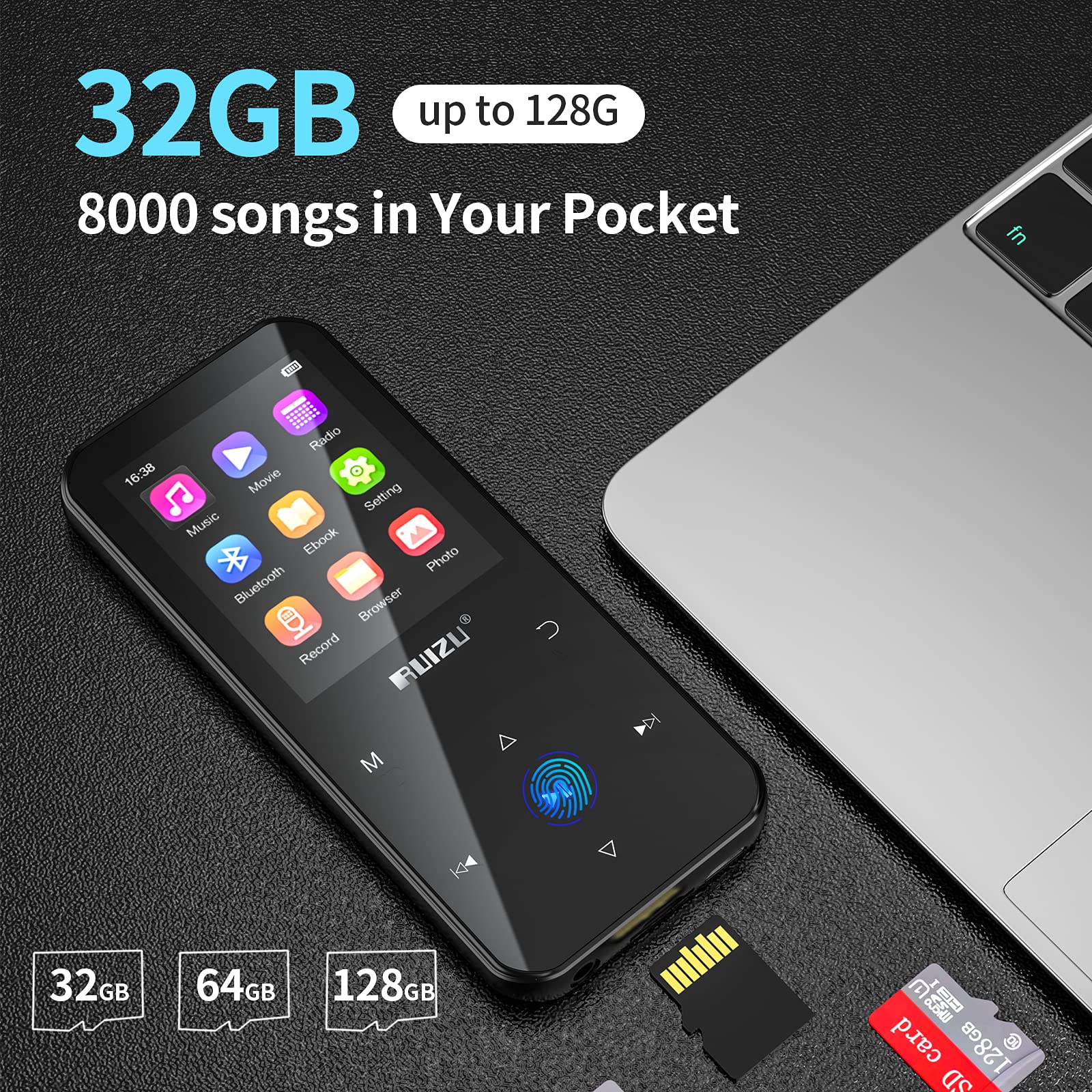 RUIZU 96GB MP3 Player with Bluetooth 5.0, Portable Digital Music Player with FM Radio, Voice Recorder, E-Book Reader, Video, Pedometer, Alarm Clock, Supports up to 128GB Micro SD Card