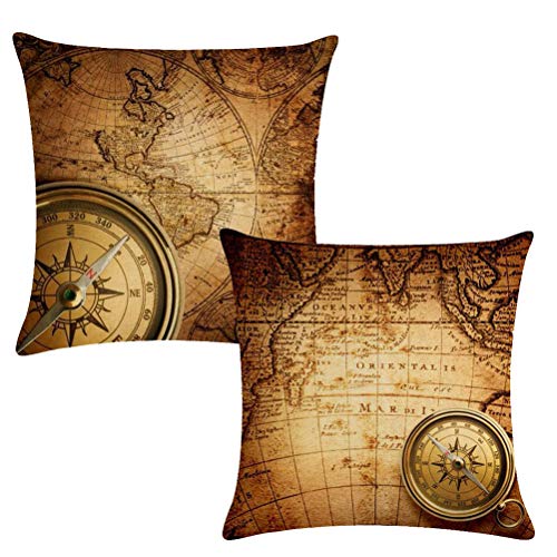 7COLORROOM Set of 2 Vintage World Map Pillow Covers Navigation Compass Square Decorative Throw Pillow Case Cotton Linen Cushion Cover 18âX 18â for Home Sofa Bedding Decoration (Brown map)