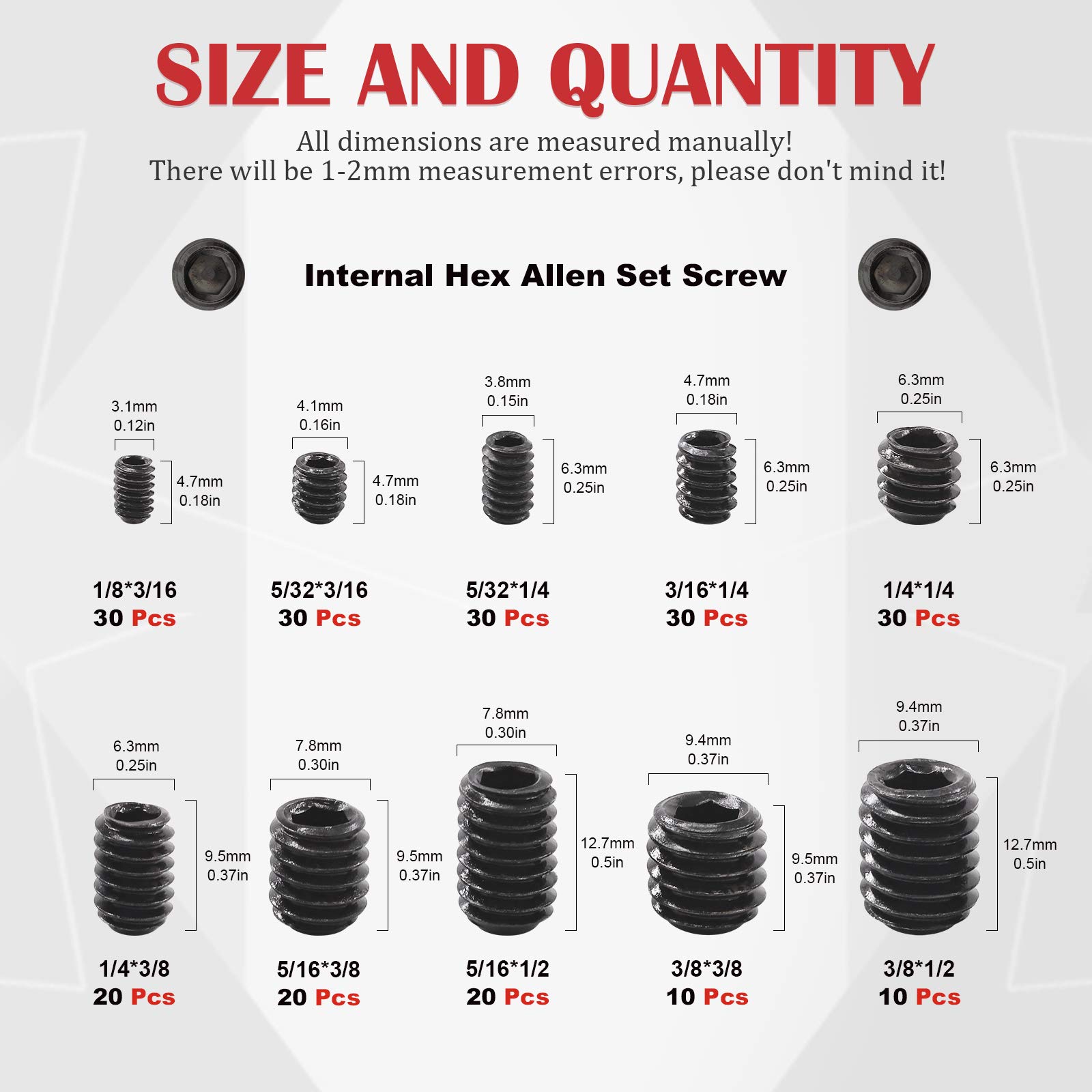 Hilitchi 230Pcs Socket Set Screw Assortment in SAE Sizes Internal Hex Drive Cup Point Allen Grub Screws 12.9 Class Black Alloy Steel (10Sizes)