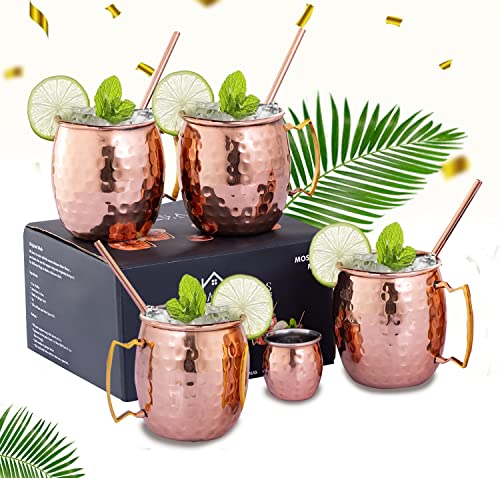 ARTISANS VILLAGE Moscow Mule Mugs | Set of 4 | 100% Pure Copper Solid Mugs | Gold Brass Handles | Size 16 oz | BONUS: Premium Straws and Shot Glass