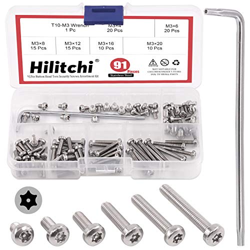 Hilitchi 90Pcs 6Sizes M3 Button Head Torx Security Screws Stainless Steel Tamper Proof Screws w T10 Bit, M3x4/6/8/12/16/20