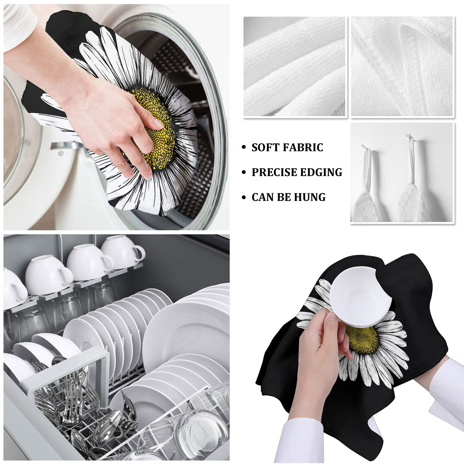 2 Pack Dish Towel for Kitchen,Absorbent Dishes Cloth Abstract White Daisy Flowers Soft Hand Towels for Home Cleaning Quick Drying Bathroom Cloths Terry Blossoms Garden Floral