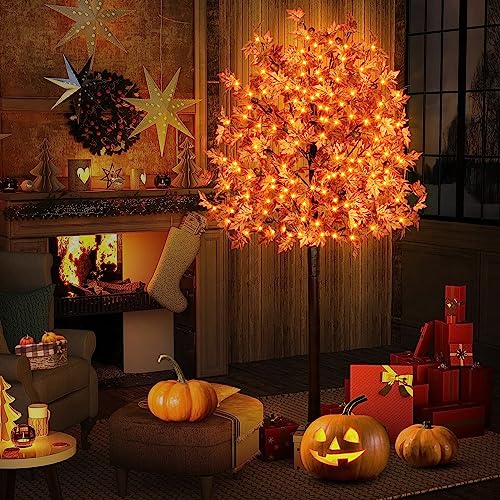7FT 170 LED Lighted Maple Tree - Thanksgiving Decor Artificial Fall Tree with 17 Branches, 17 Acorns 340 Leaves, Remote 8 Flashing Modes, Timing, DC 5V Safe for Outdoor Wedding Party Autumn DecorâŠ