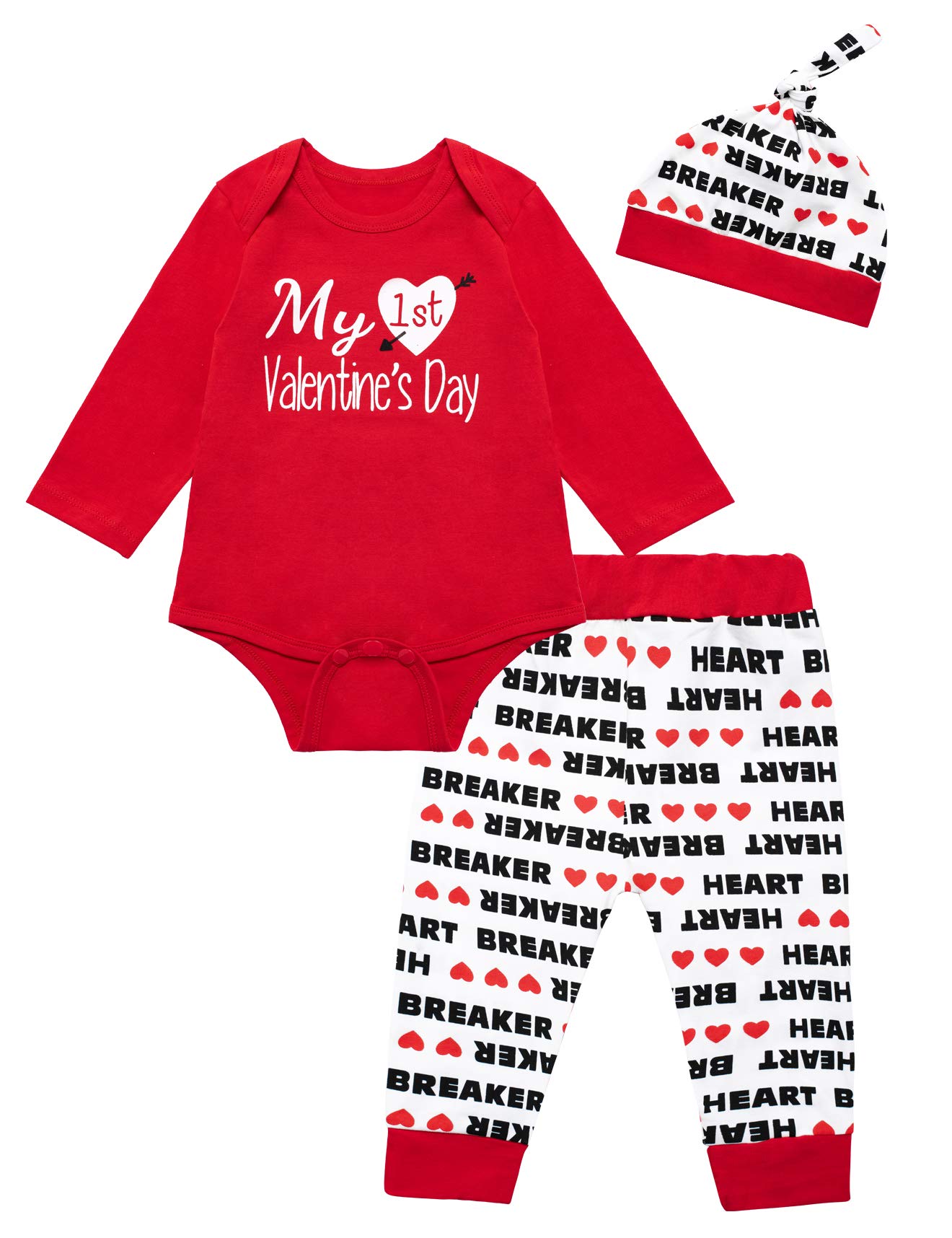 Auggle Baby Boys Girls My First Valentine's Day Romper Infant Long Sleeve Cute Outfit Clothes Set (Red, 3-6 Months)