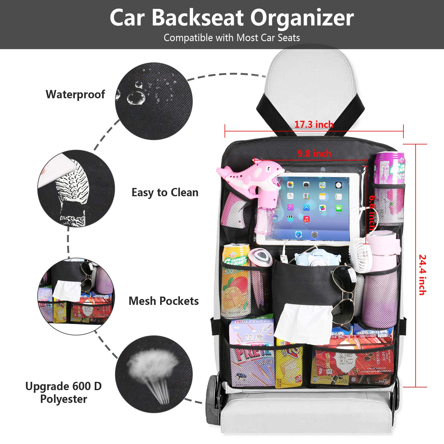 Car Back Seat Organizer Foldable Car Storage Organizer Car Seat Back Protectors with Hole for USB/Headphone/Charging Kick Mats Back Seat Protector with Touch Screen Tablet Holder Tissue Box