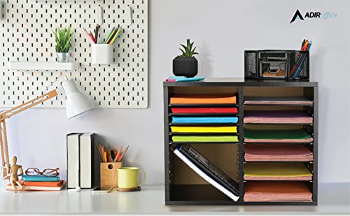 Adir Wooden Literature Organizer Sorter - Stackable File Mail Craft Paper Storage Holder with Removable Shelves for Office, Classrooms, and Mailrooms Organization (12 Compartment, Black)