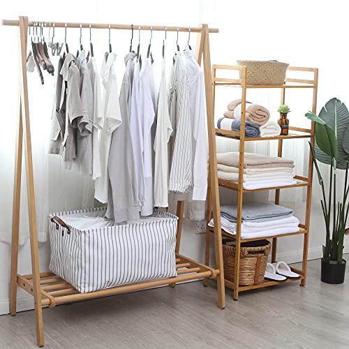 Hinwo 70L Extra Large Capacity Storage Basket Canvas Storage Bin Collapsible Storage Box with PU Leather Handles and Drawstring Closure, 22 by 15 inches, Waterproof Inner Layer, Grey Vertical Stripe