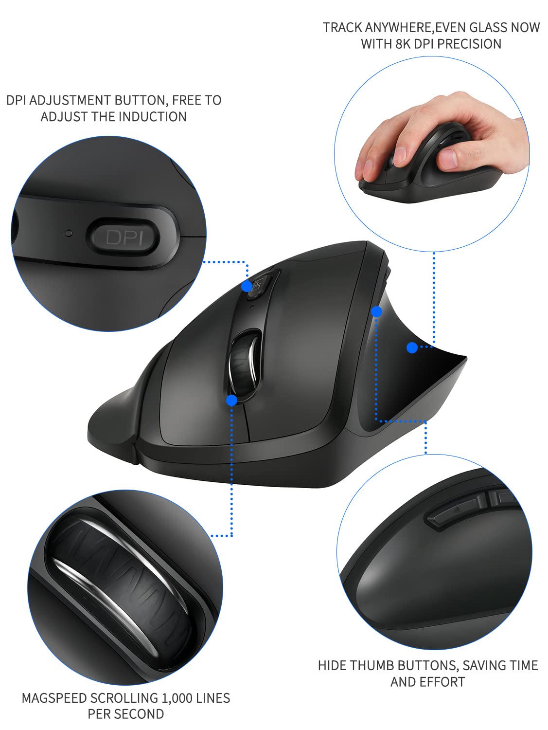 Censi Newtral Ergonomic Mouse,Vertical Wireless Mouse - 2.4GHz Optical Vertical Mice : 3 Adjustable DPI 800/1200/1600 Levels, for Laptop, PC, Computer,Notebook etc,
