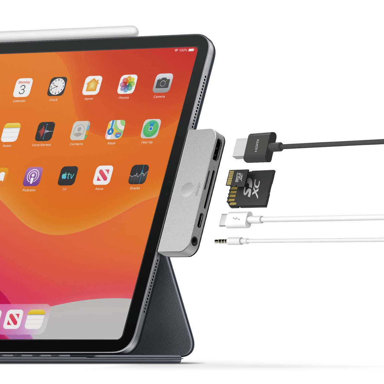 elago Aluminum Type-C Pocket Pro Hub Adapter for iPad/iPad Pro/Other USB-C Devices [4K HDMI, USB-C PD Charging, 3.5mm Audio Jack, SD and Micro SD Slot] (Silver)