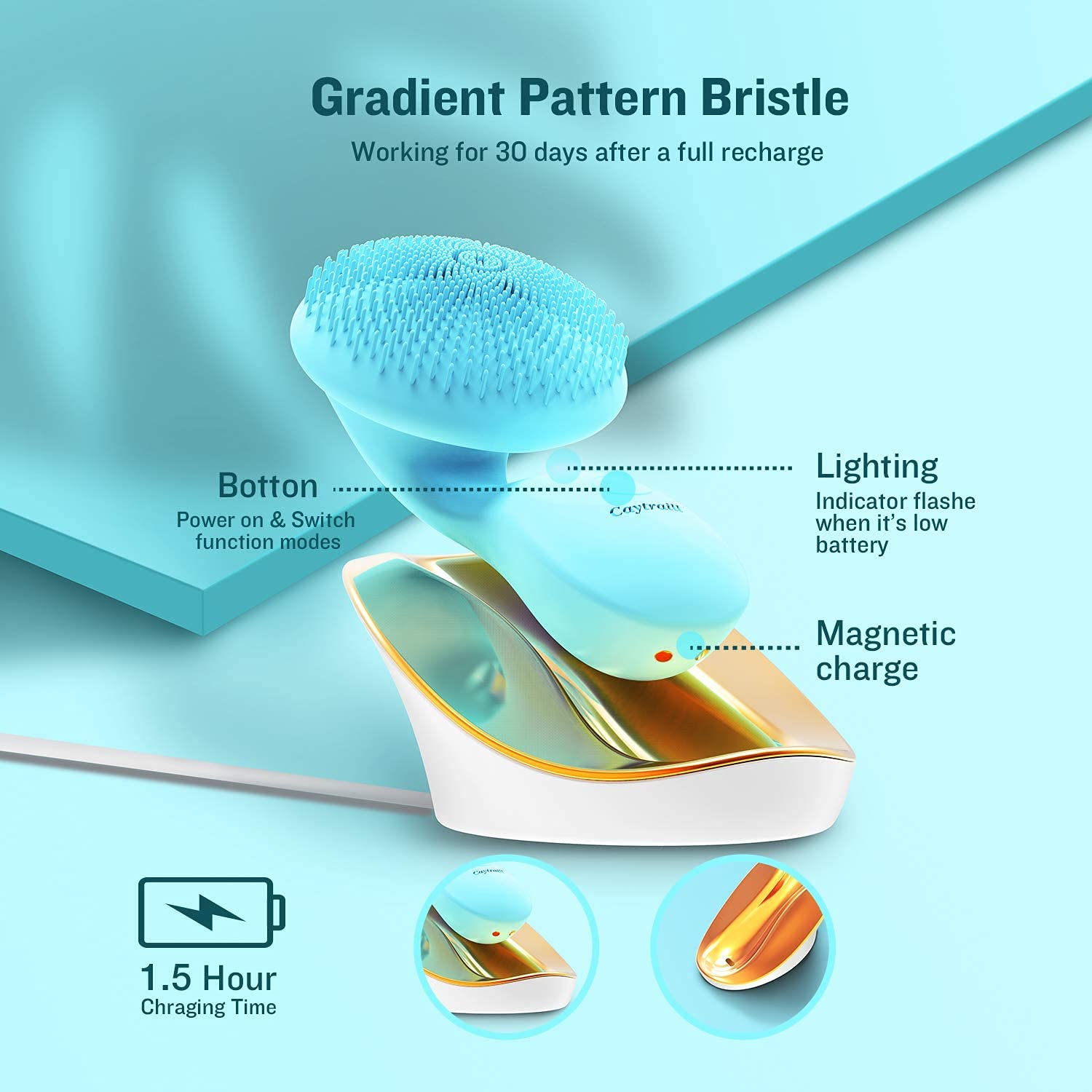 Caytraill Facial Cleansing Brush- Face Brush – 4 Function Modes – Rotating Magnetic Beads – Waterproof & Rechargeable – Portable & Ergonomic Handle – Skin Rejuvenation&Cleansing&Massage (Cyan)