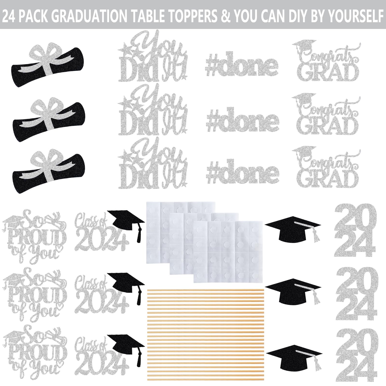 24 Pcs Graduation Centerpieces 2024 Silver, Graduation Centerpieces for Tables 2024 Silver Graduation Centerpiece Sticks for Graduation Party Decorations 2024 Silver