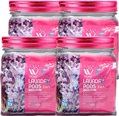 5-in-1 Laundry Pods, Total 128 Count, High Efficiency (HE), Ultra Concentrate with Powerful Stain Lifter Technology, Fabric Softener With Lavender Extracts, Detergent Pods, 32 Count/Each – Pack of 4