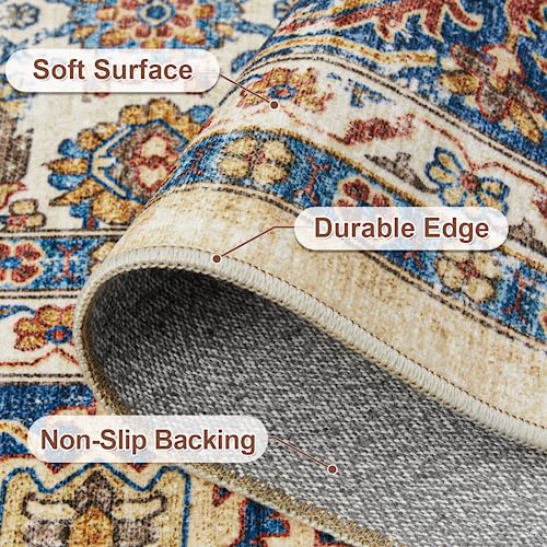 Area Rugs for Living Room Bedroom: 8x10 Rug Machine Washable with Non-Slip Backing Non-Shedding Stain Resistant, Boho Floral Large Carpet for Dining Room Nursery Home Office Indoor Decor (Blue/Brown)