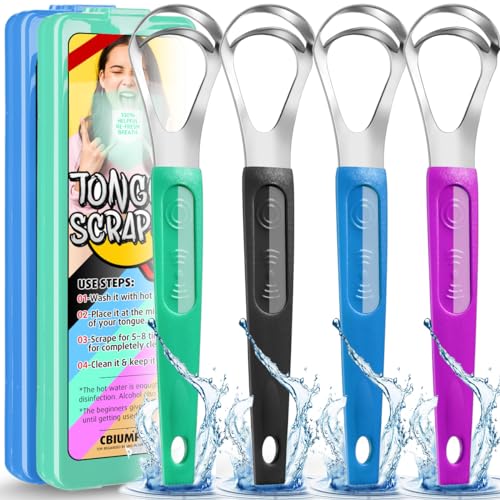 Cbiumpro 4-Pack Tongue Scraper for Adults & Kids, Stainless Steel Tongue Cleaner with Travel Case, Reduce Bad Breath