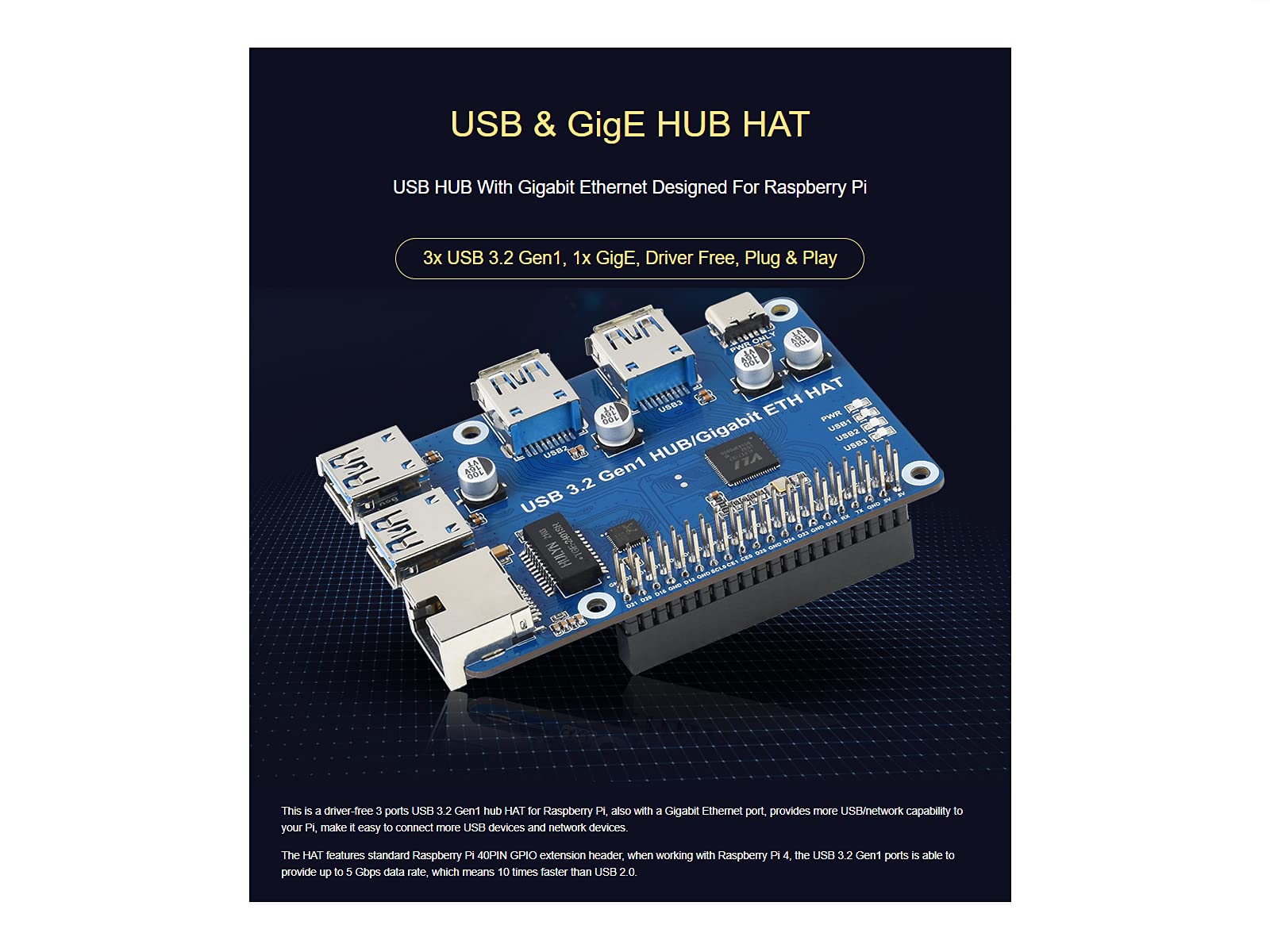 waveshare USB 3.2 Gen1 and Gigabit Ethernet HUB HAT for Raspberry Pi 4 B 3 B+ 3 B 2B Zero Zero 2 W Zero WH,3X USB 3.2 Gen1 Ports, 1x Gigabit Ethernet Port,Compatible with USB 3.0/2.0/1.1