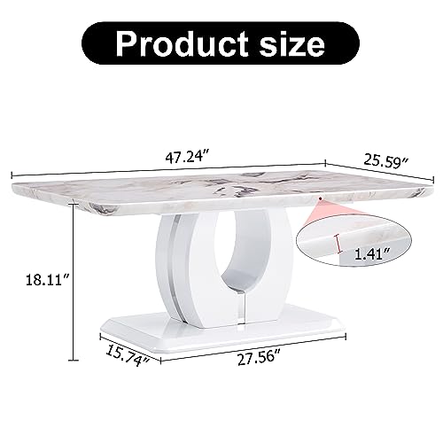 48’’ Modern Faux Marble Dining Table for 8, Large Rectangular Dining Room Table with White O-Shaped Bracket, Minimalist Kitchen Table for Restaurant, Meeting Room, Marble-Inspired Desktop