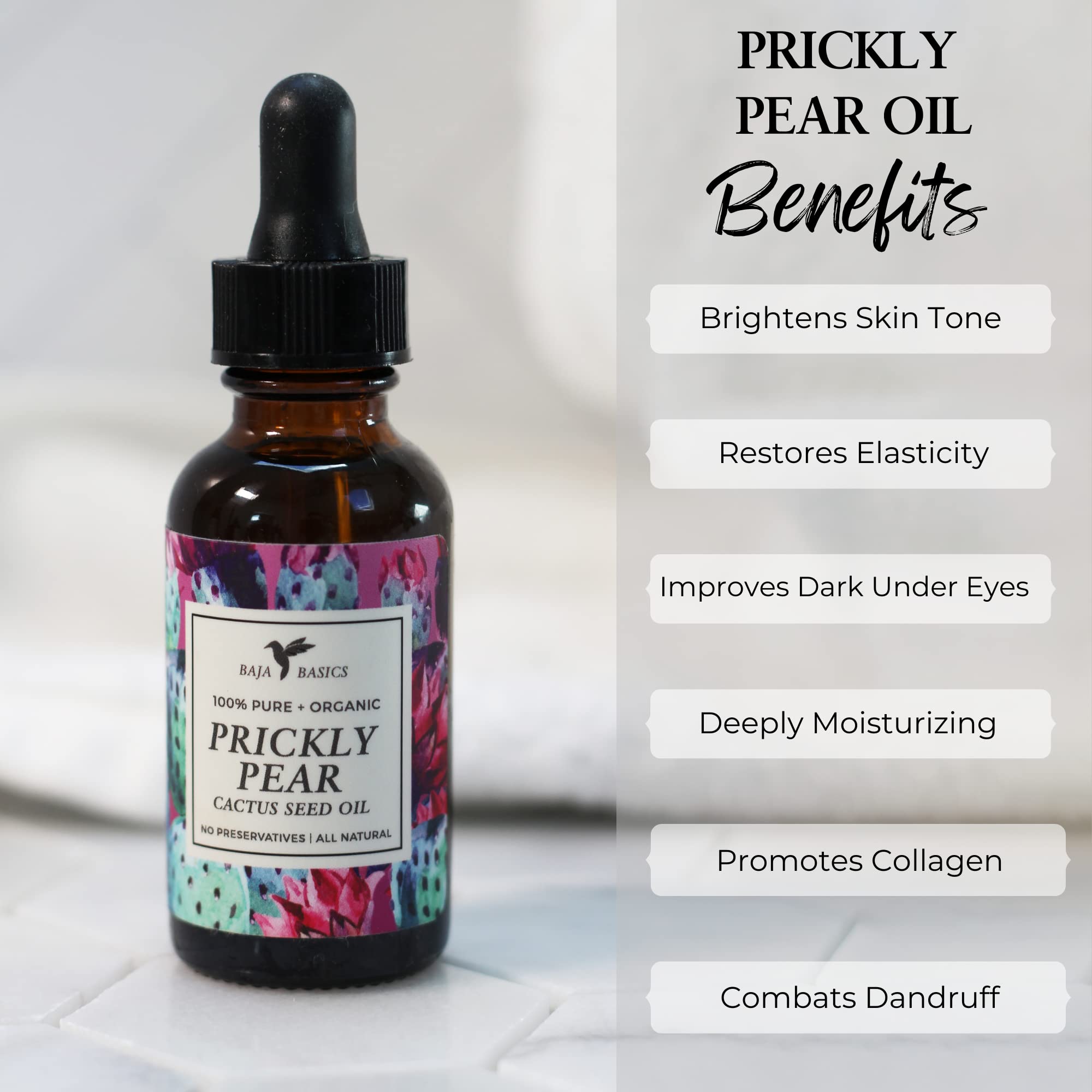 Baja Basics Prickly Pear Oil Cold Pressed, 100% Pure, Unrefined Moisturizer for Skin, Face, Body, Nails and Hair - Multi-Purpose Beauty Product For Men and Women - 1 oz Bottle