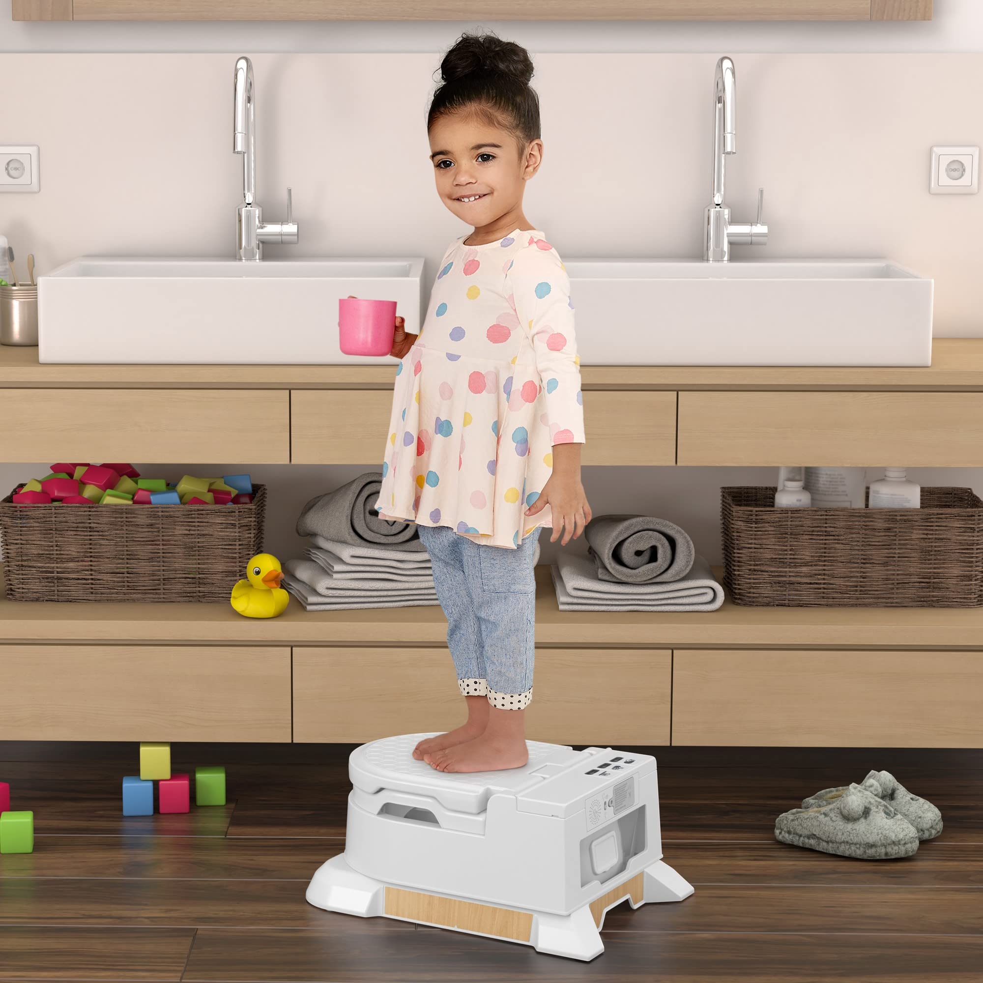 Fisher-Price Home Decor 4-in-1 Potty β Modern Infant to Toddler Potty Training Toilet and Step Stool with Removable Potty Ring, HBX68