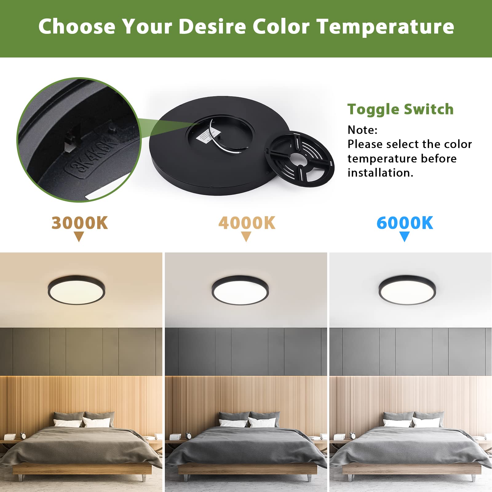 2 Pack Flush Mount LED Ceiling Light, Super Slim 12 Inch Flush Mount Light Fixture Black, 24W, 2400LM, 3000K/4000K/6000K Adjustable Round Flat Ceiling Light for Kitchen, Bedroom, Hallway, Porch