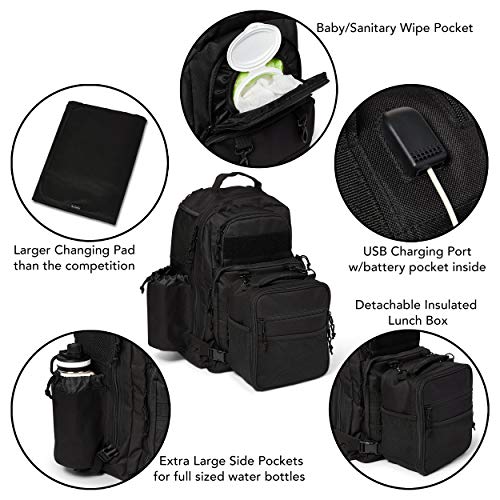 Brinero Diaper Bag Backpack for Dad, X-Large Bag With USB Port, Detachable Lunch Box, XL Changing Pad, 2 Large Water Bottle Pockets, Stroller Straps, Wipe Pocket Military Diaper Bags