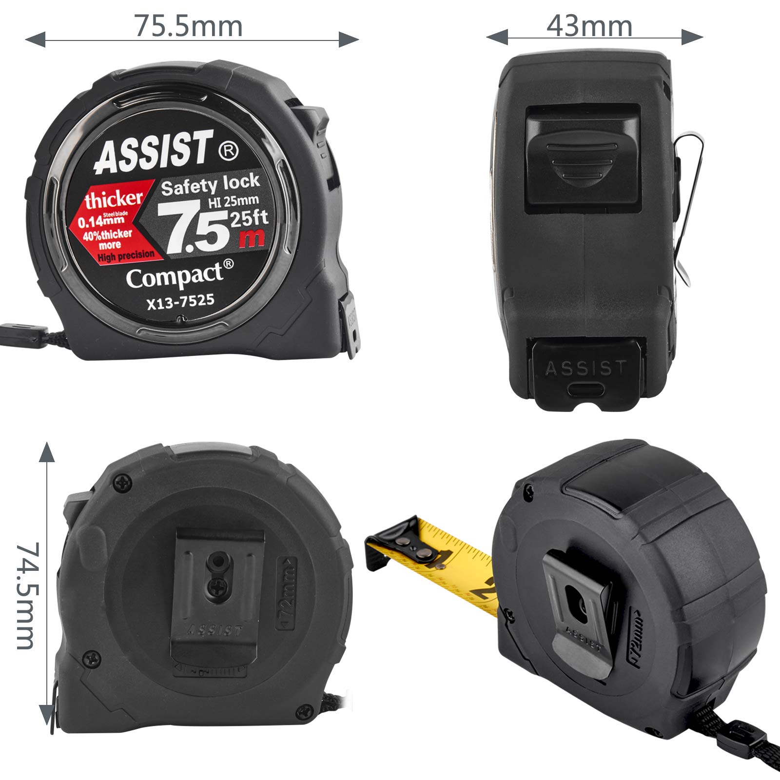 25FT Measuring Tape by ASSIST-Easy Read Double Side Printing with Metric and Inches,2.6m Level Standout Blade,Heavy Duty Shock Absorbent Rubber Case-for Construction,Surveyor