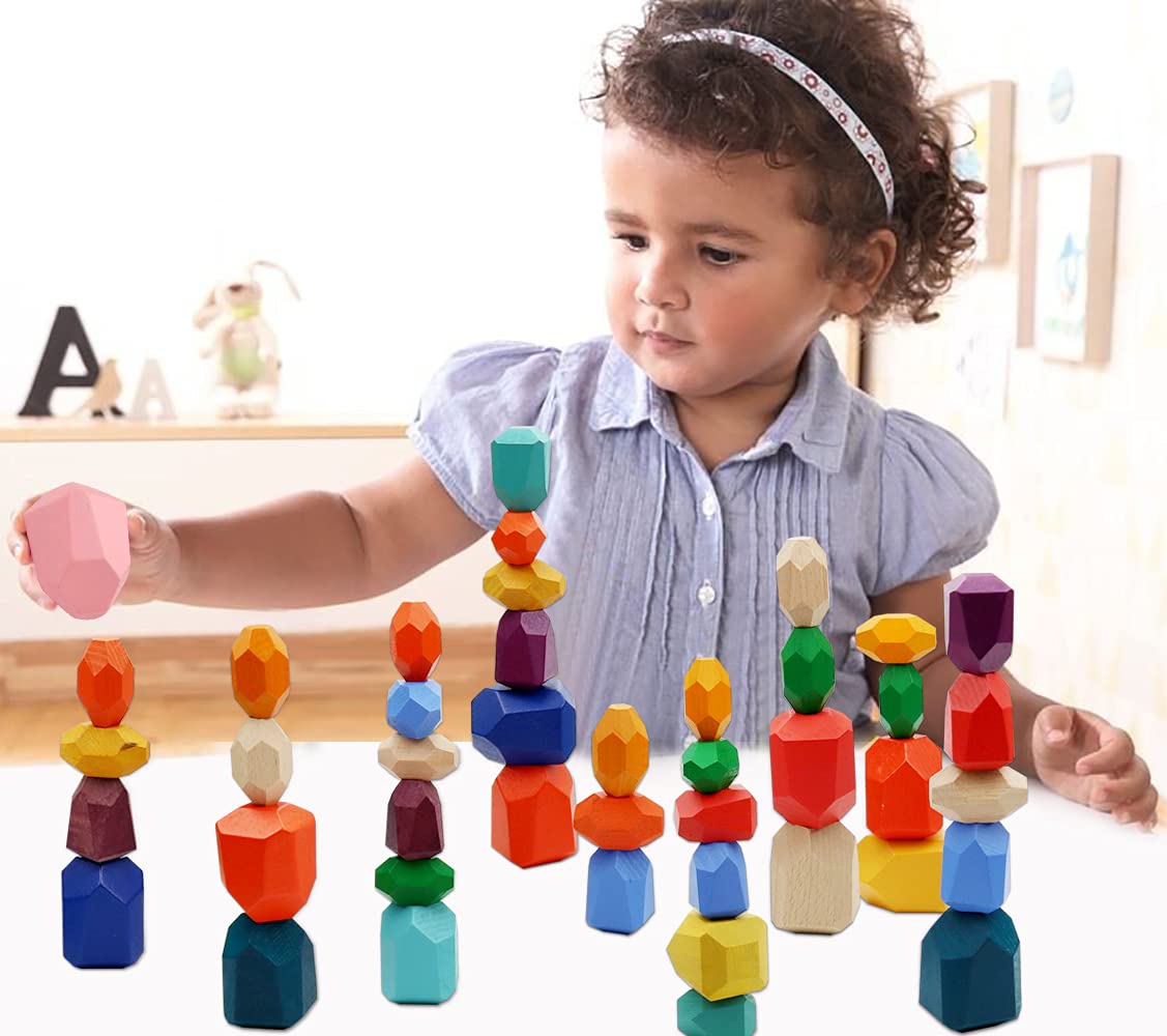 40 PCS Wooden Rocks Balance Stones Building Blocks Set, Colored Wood Balancing Stone Stacking Game, Lightweight Natural Educational Preschool learning Large Small Puzzle Toy for Kids (40PCS-2)