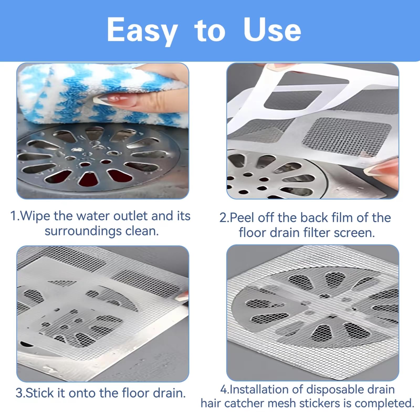 30 Pcs Floor Drain Stickers, 4" X 4" Disposable Shower Floor Drain Cover, Shower Drain Hair Catcher Mesh Stickers for Kitchen Sink, Bathroom, Laundry