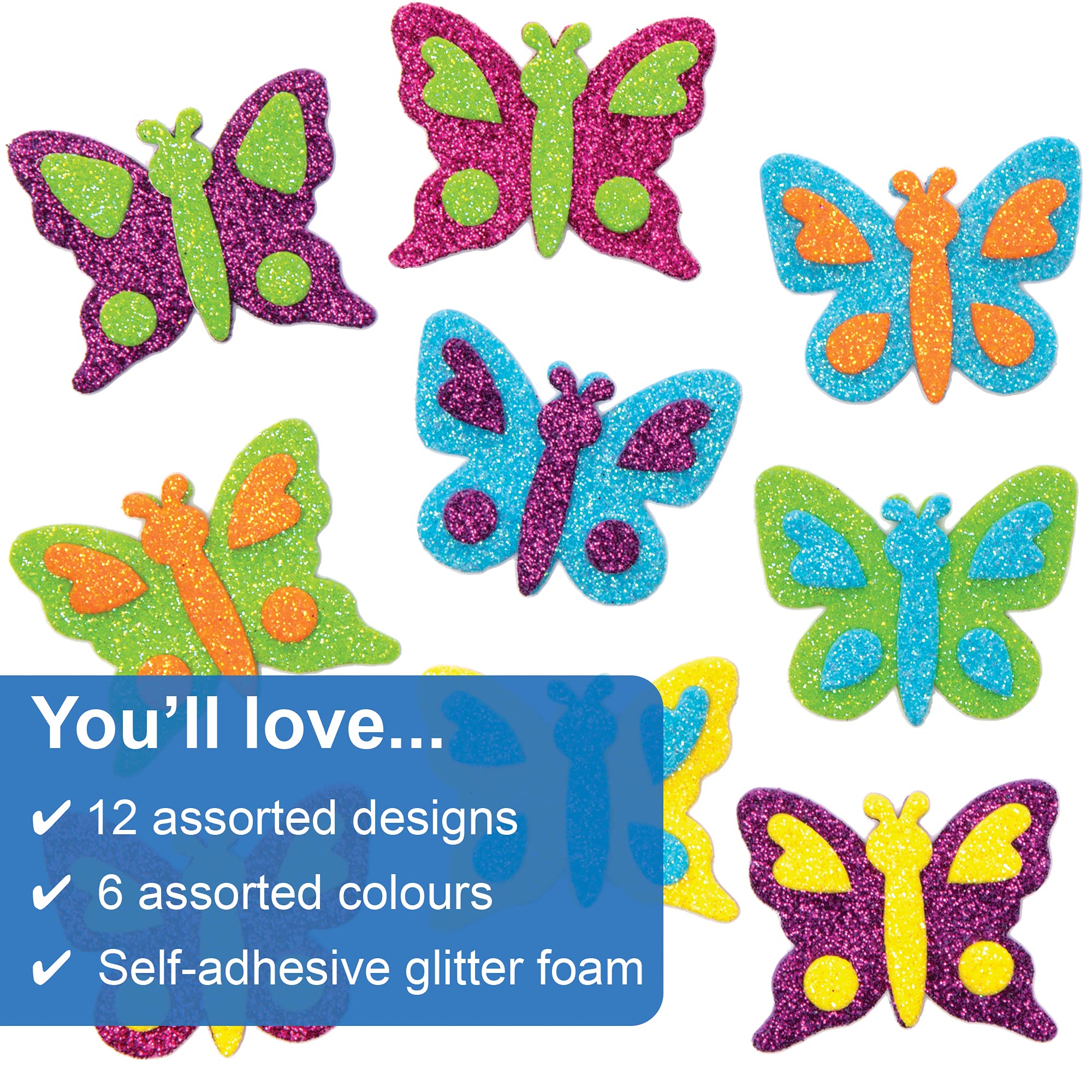 Baker Ross FE153 Butterfly Glitter Foam Stickers - Pack of 120, Kids Stickers, Ideal for Children's Arts and Crafts Projects, Great for Card Making and Scrapbook Supplies