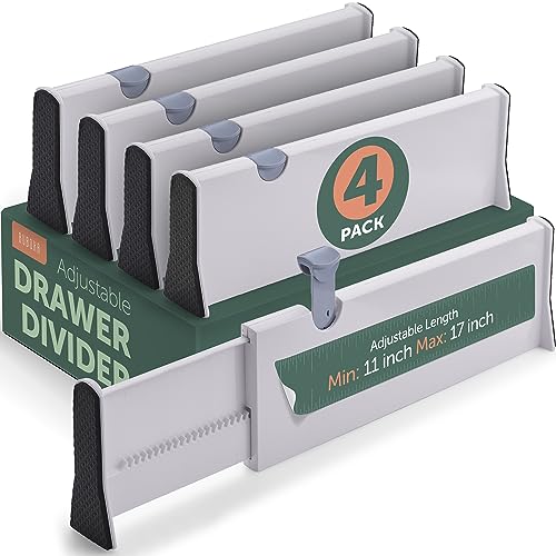 Adjustable Drawer Dividers, [4 Pack] Adjusting Length from 11 Inch - 17 Inch. Tall Drawer Organizers for Clothes, Locks in Place, Use for Bedrooms, Bathroom, Kitchen & Office Organization and Storage.