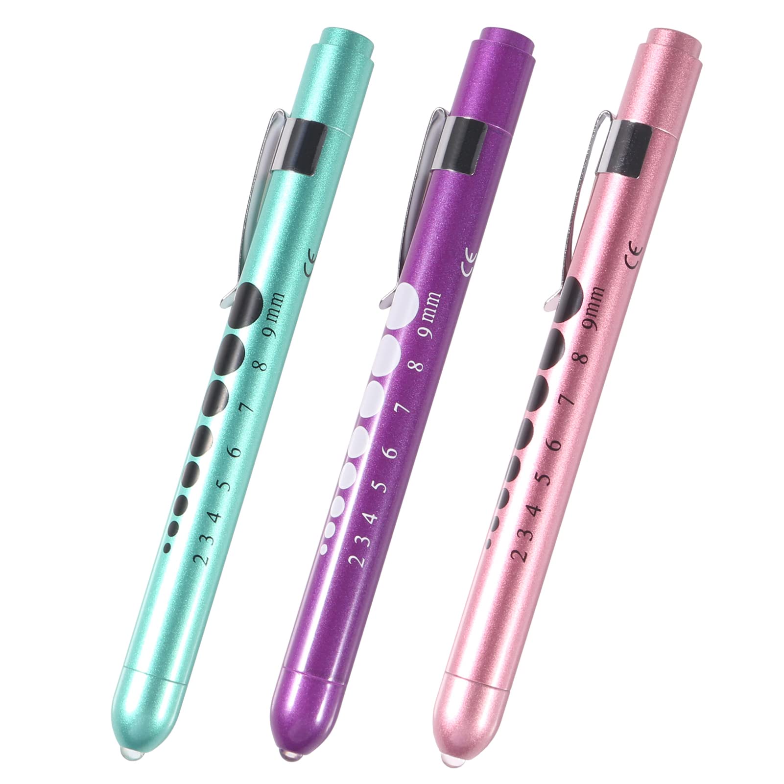 ACEIRMC 3pcs Pen Light,Nurse Medical Reusable LED Penlight White Light with Pupil Gauge and Ruler (Rose + Purple + Rose Gold)
