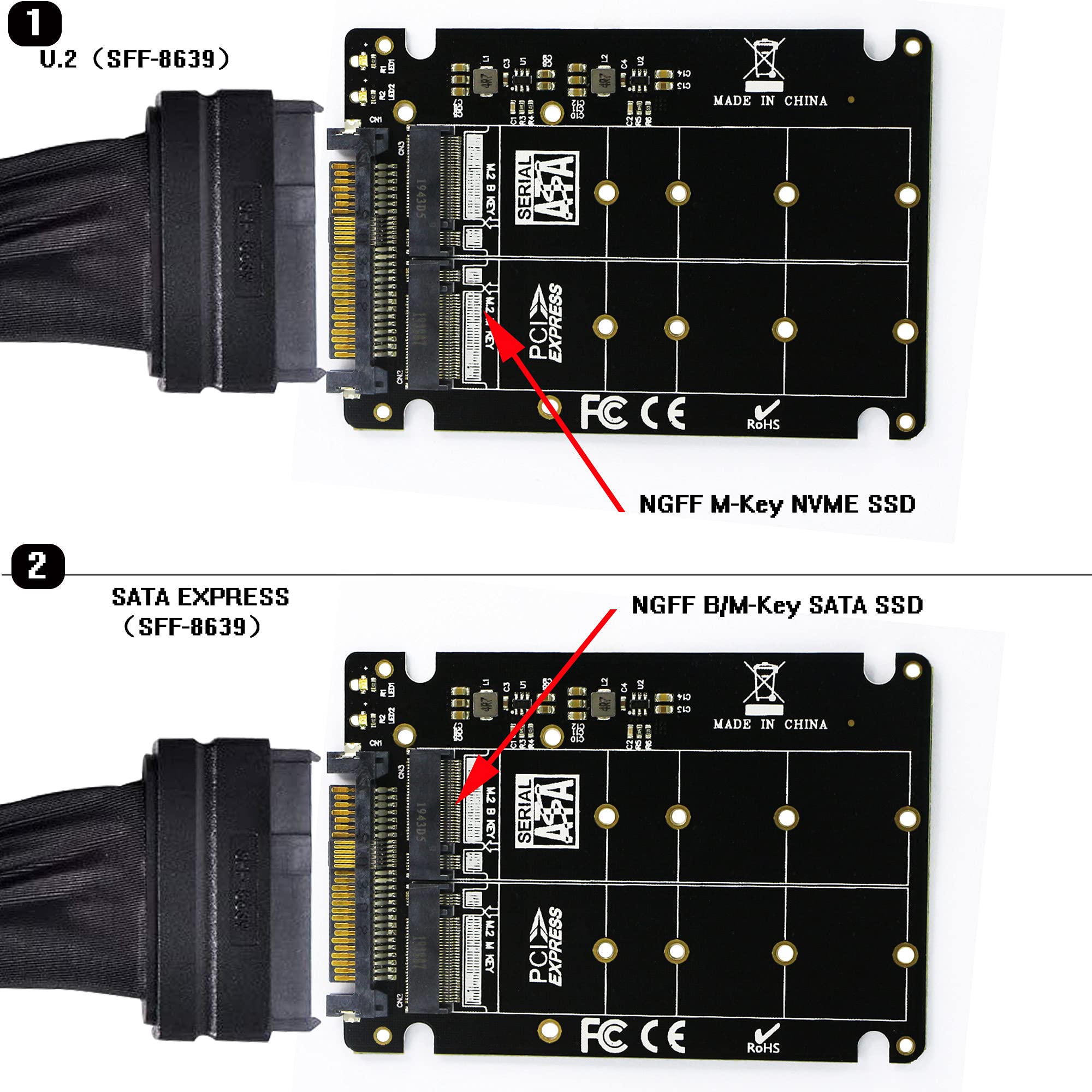 CERRXIAN SFF-8639 NVME U.2 to NGFF M.2 M Key & B Key SSD Adapter for 2280 2260 2242 2230 SSD (Not SATA Interface)
