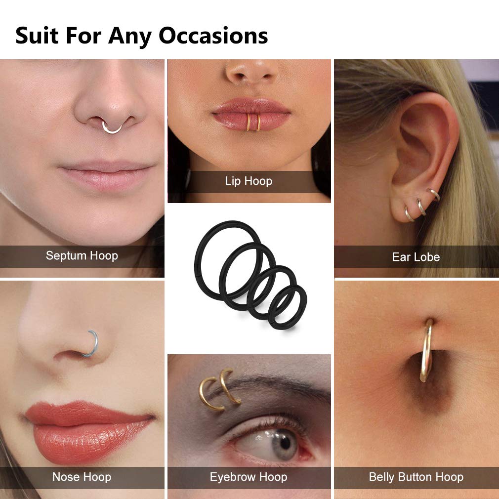 16G Black Stainless Steel 6-12mm Segment Hinged Cartilage Earrings - 4pc Clicker Hoop Set, Unisex Piercing Rings - Mothers Day Gifts