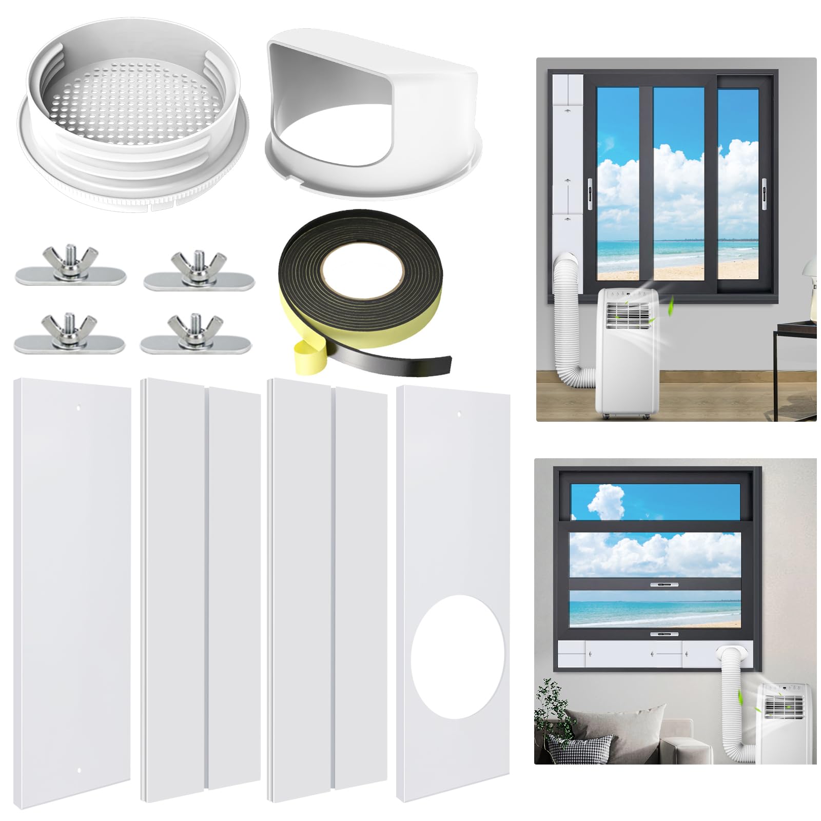 2024 New Portable Air Conditioner Window Kit with Universal Coupler for 5.1"/5.9" Exhaust Hose, Mobile A/C Window Vent Seal Kit with 4 Adjustable Seal Plates for Vertical/Horizontal Sliding Window