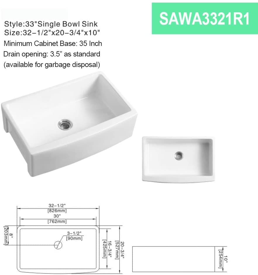 33 White Farmhouse Sink - Sarlai 33 Inch White Kitchen Sink Curved Apron Front Ceramic Porcelain Fireclay Single Bowl Farm Sink Basin