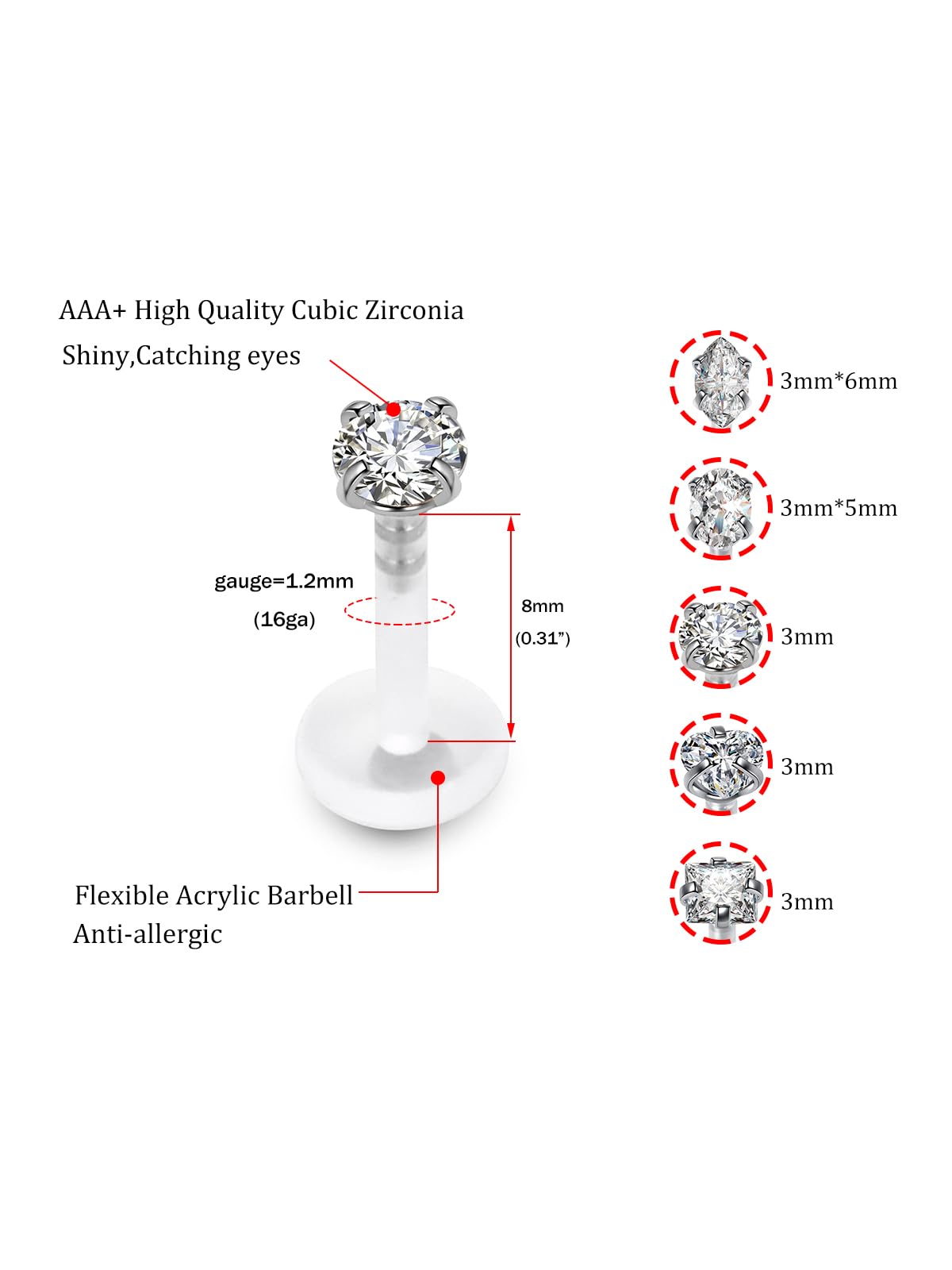 16G Clear Lip Rings Plastic Bioflex Labret Studs Cubic Zirconia Opal Cartilage Tragus Earrings Retainer for Work Monroe Medusa Helix Body Piercing Jewelry