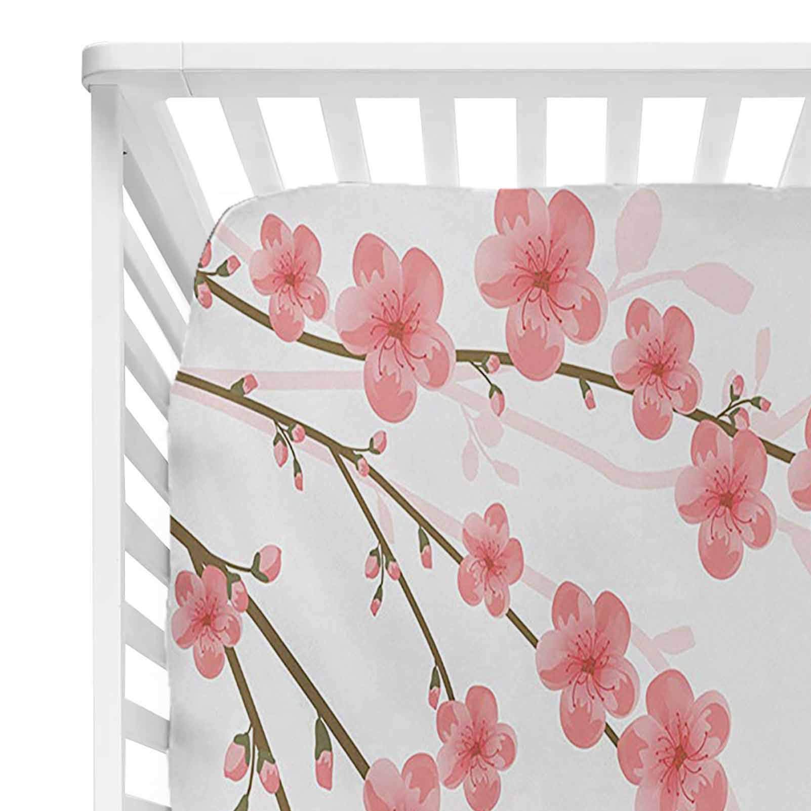 Floral Fitted Crib Sheet,Cherry Blossom April Springtime Romantic Feminine Illustration Artwork Soft Colors Microfiber Silky Soft Toddler Mattress Sheet Fitted,28"x 52"x 8'',Baby Sheet for Boys Girls