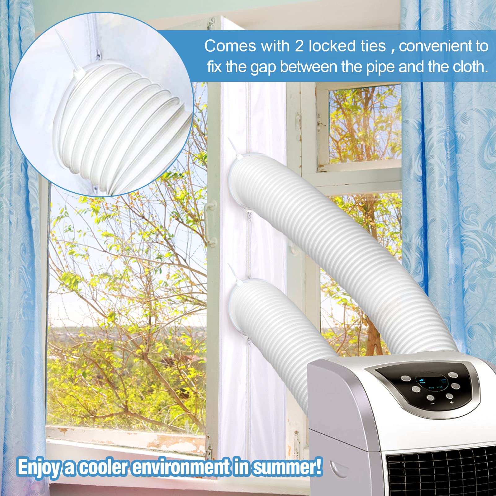 560CM/220" Universal Window Seal for Portable Air Conditioner- Casement Window AC Adapter Portable AC Window Cloth Seal Air Exchange Guards Kit with Zipper to Keep Indoor Cool for a Long Time(White)