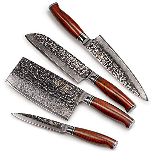 YARENH Kitchen Knife Set with Cleaver 4 Pcs, 73 Layers Damascus High Carbon Stainless Steel, Full Tang Natural Sandalwood Handle, Professional Chef Knife