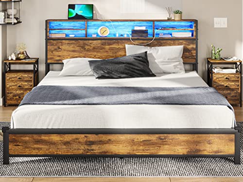 ADORNEVE King Bed Frame with LED Lights Headboard, Metal Platform Bed with Outlets and USB Ports, LED Bed Frame with Storage Headboard, No Box Spring Needed, Easy Assembly, Vintage Brown