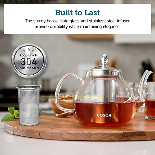 COSORI Glass Teapot Stovetop Safe Gooseneck Kettle with Removable Stainless Steel Infuser Scale Line for Blooming and Loose Leaf Tea Brewer, BPA Free Durable Borosilicate, 1000mL, Transparent
