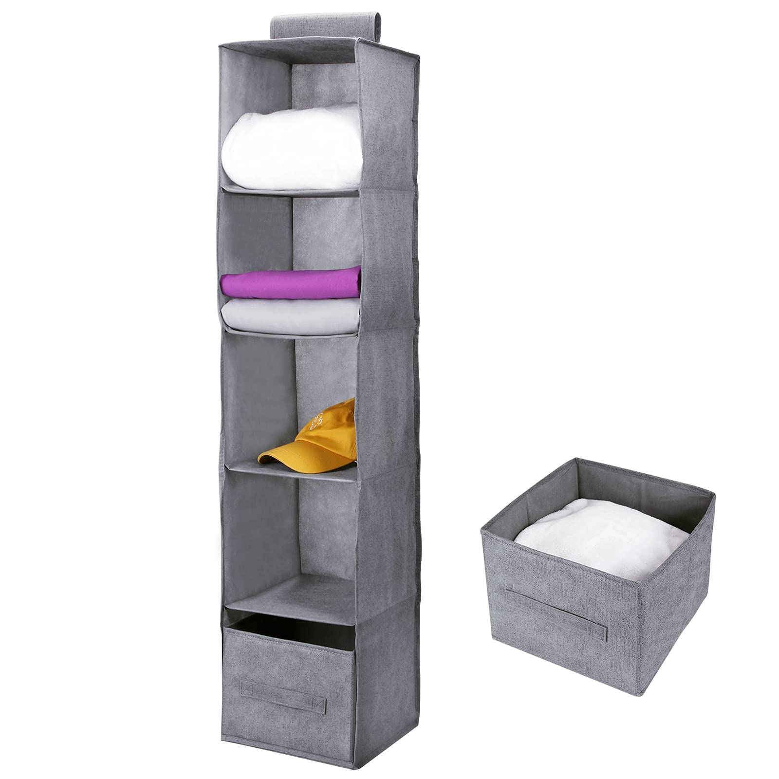 AHXNBDR Hanging Closet Organizers with Drawers, Cloth Hanging Shelves Space Saver, 5 Shelf Collapsible Hanging Closet Shelves with 1 Drawer 10.6”W x 10.6”D x 40”H