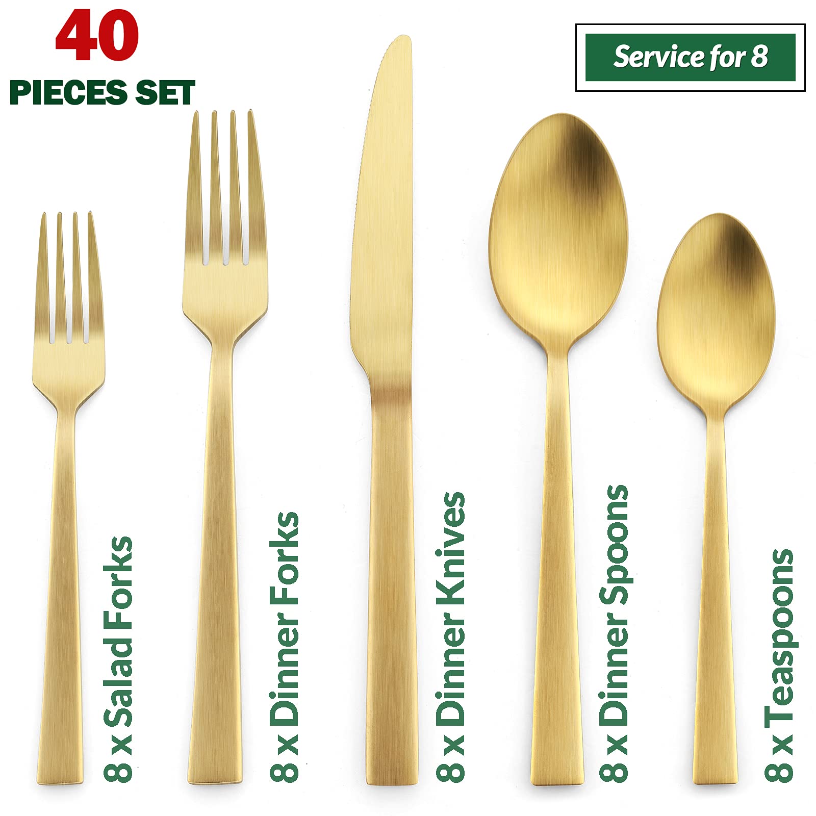 40-Piece Matte Gold Silverware Set, E-far Stainless Steel Flatware Set Service for 8, Metal Cutlery Eating Utensils Tableware Includes Forks/Spoons/Knives, Square Edge