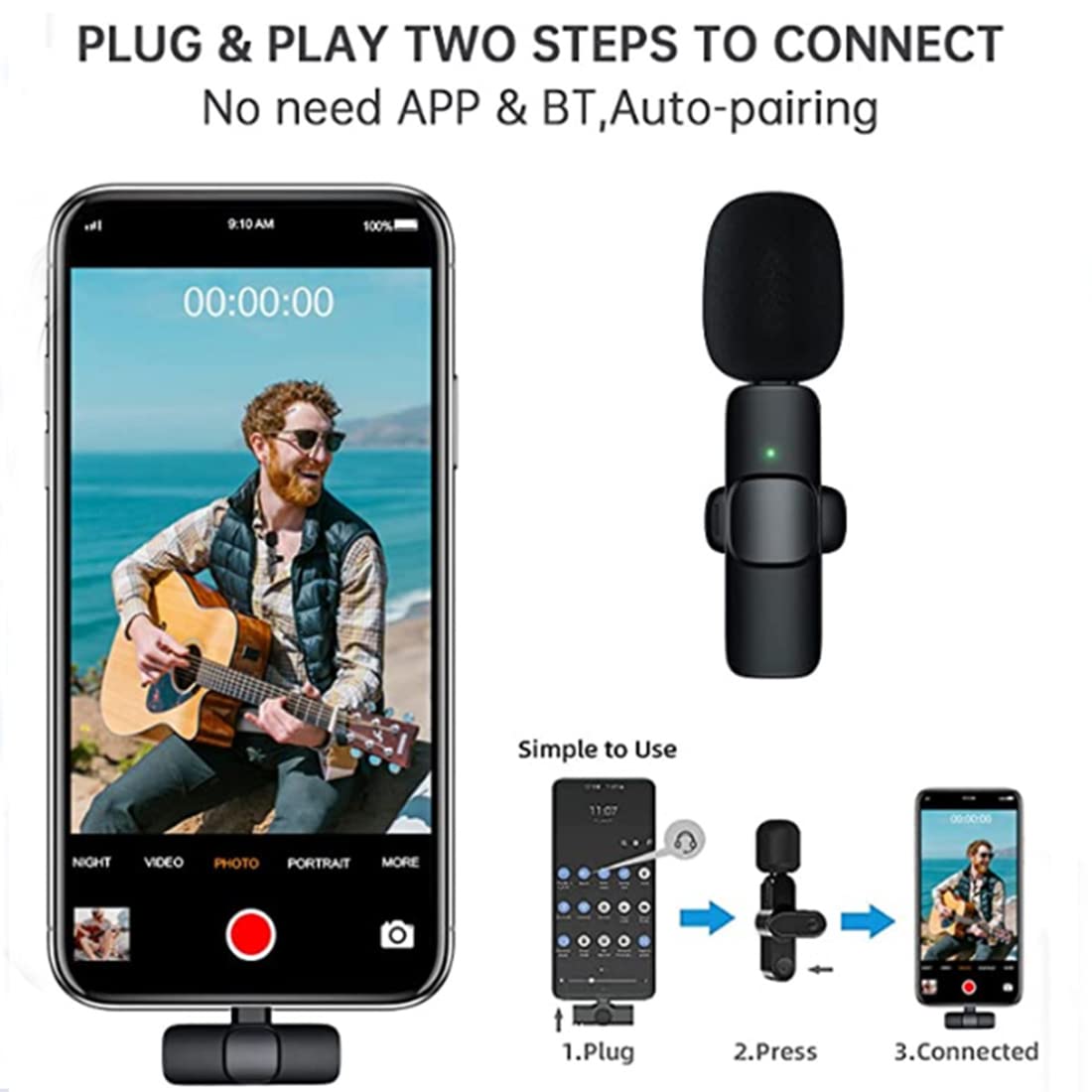 2 Pack Wireless Lavalier Microphone for Phone, Lapel Mics Plug-Play 2.4G Ultra-Low Delay Built-in Noise Reduction Chip 8H Working Time for Video Recording Interview Podcast Vlog YouTube TikTok